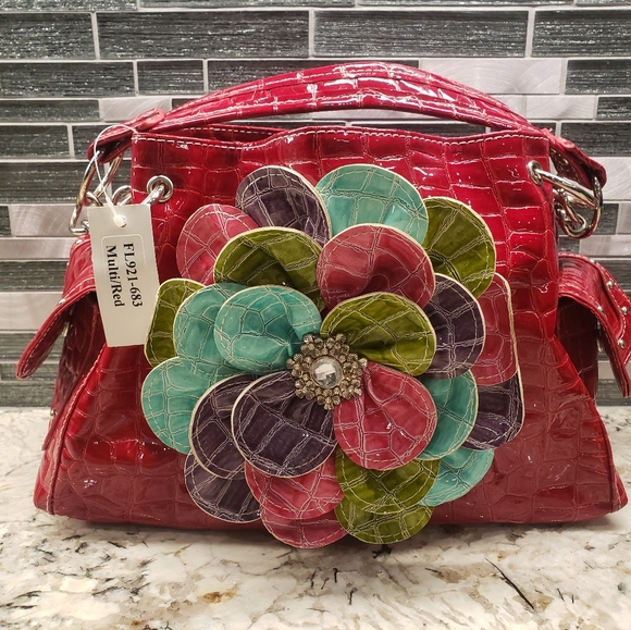 Bags | Red Large Purse Tote With Multi Colored Flower | Poshmark